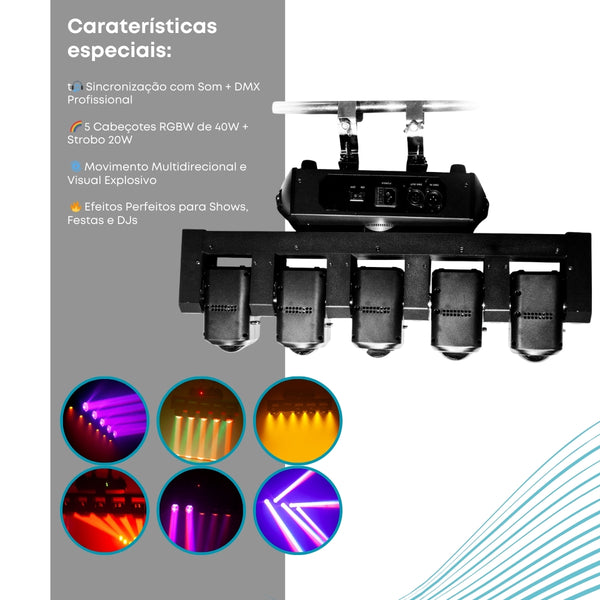 Moving Led 5 Head Rgbw Ambar Strobo Multi direcional – Palide